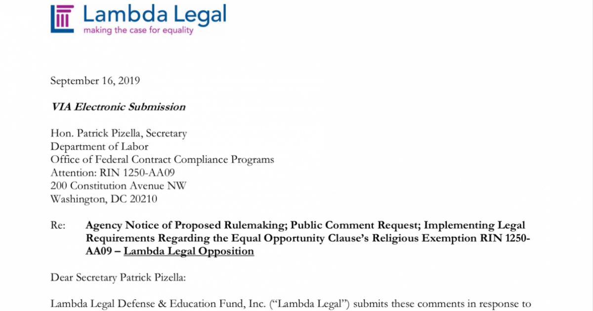 Lambda Legal Comment re: Department of Labor Office of Federal Contract ...